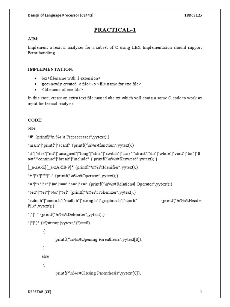 Practical-1: Design of Language Processor (CE442) 18DCE125 | PDF ...