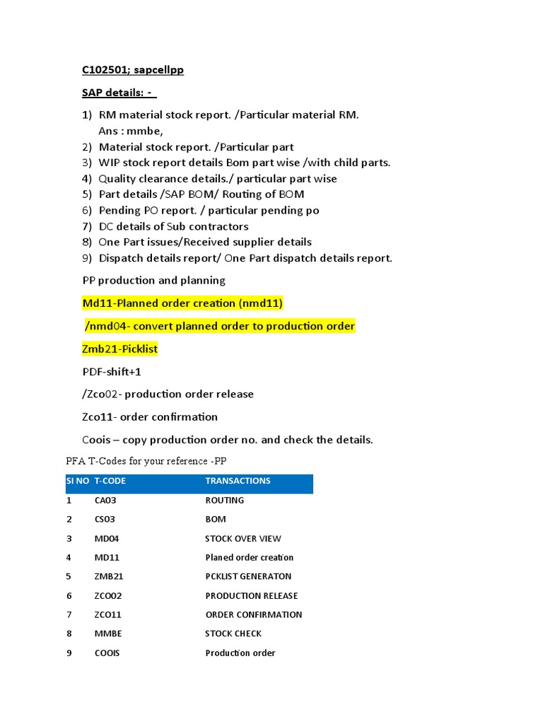 C102501 Sapcellpp SAP Details: - : PFA T-Codes For Your Reference - PP ...