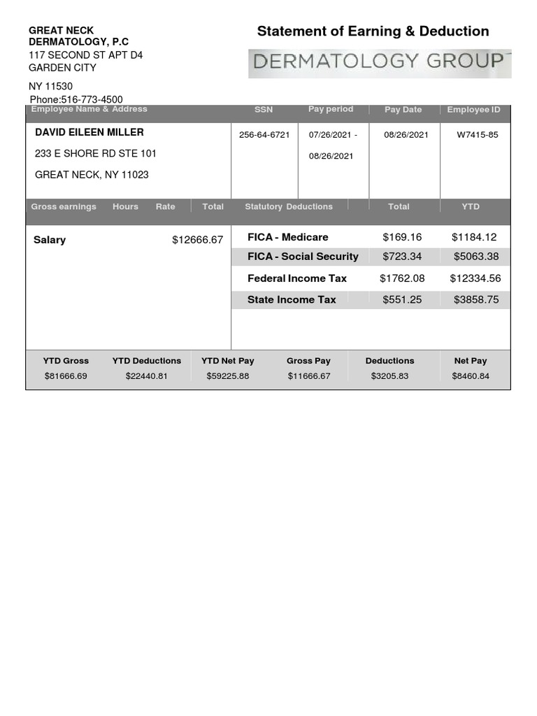 Statement of Earning & Deduction: Salary FICA - Medicare FICA - Social ...