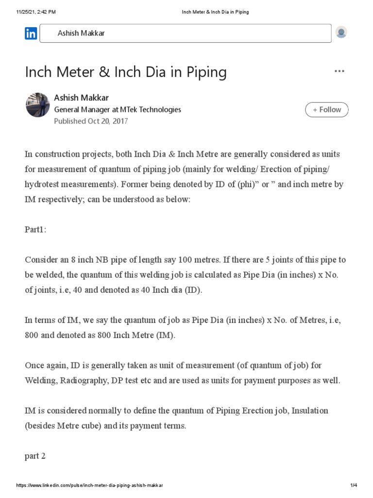 Inch Meter & Inch Dia in Piping | PDF | Pipe (Fluid Conveyance) | Inch