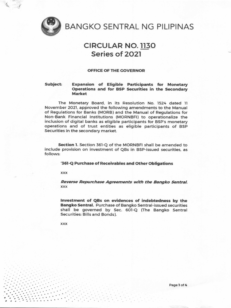 BSP Circular 1130, Series of 2021 | PDF | Securities (Finance) | Banks