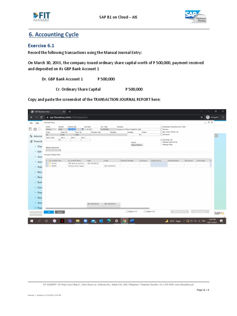 SAP B1 Accounting Cycle Exercises | PDF | Financial Services | Payments