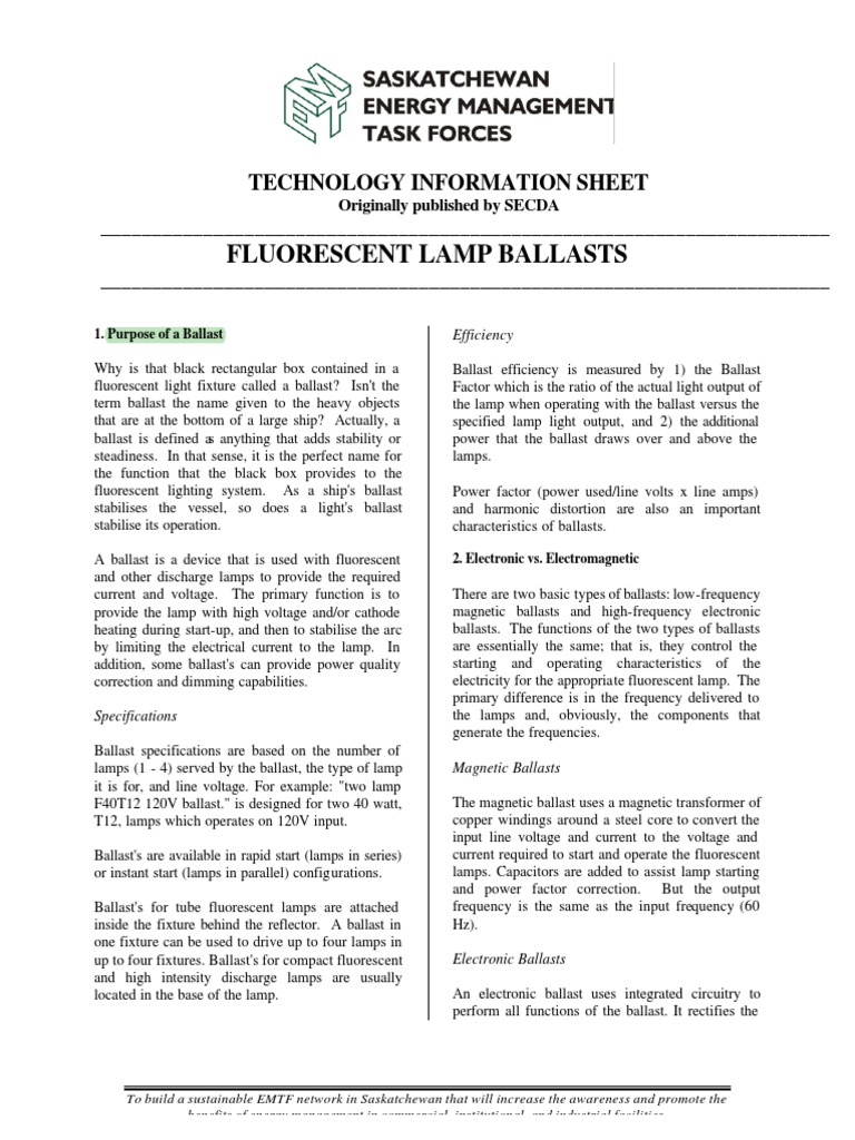 Fluorescent Lamp Ballasts: Technology Information Sheet | PDF ...