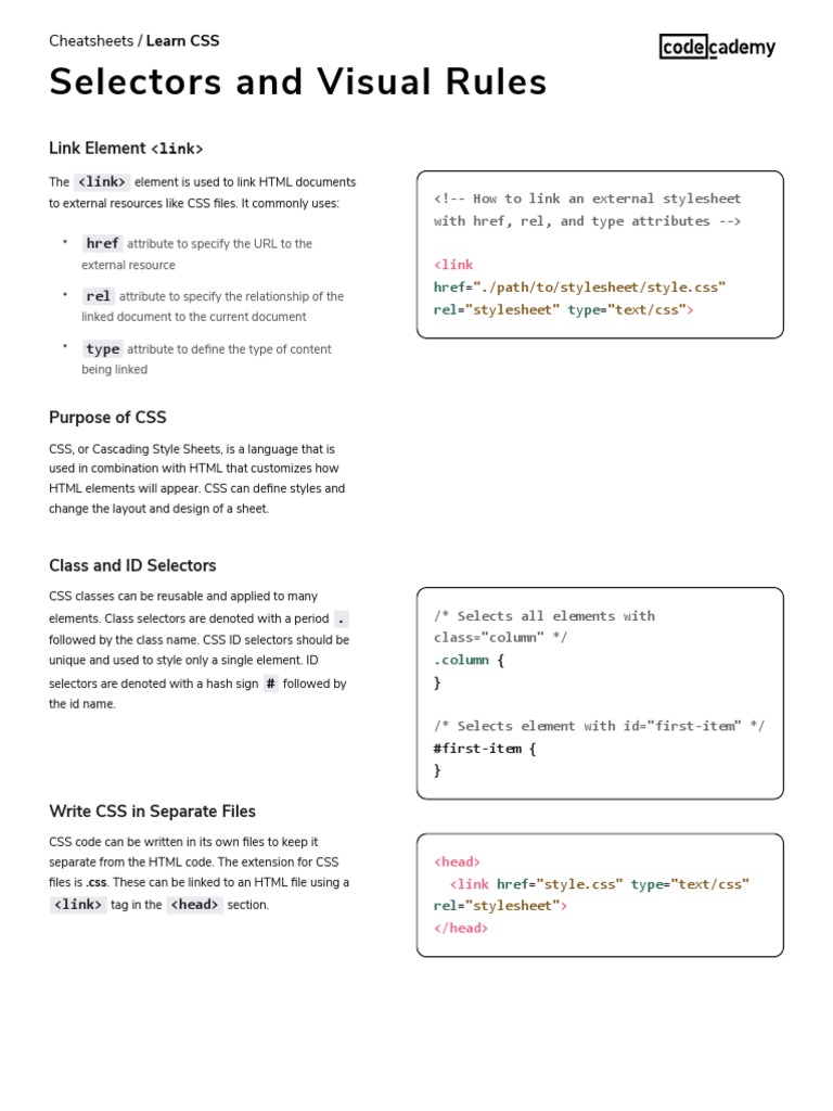 Learn CSS - Selectors and Visual Rules Cheatsheet - Codecademy | PDF | Html Element | Html