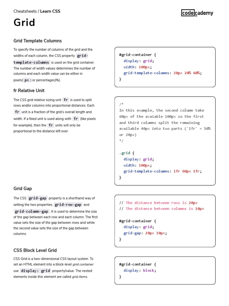 Learn CSS - Grid Cheatsheet - Codecademy | PDF Learn CSS - Grid Cheatsheet - Codecademy | PDF