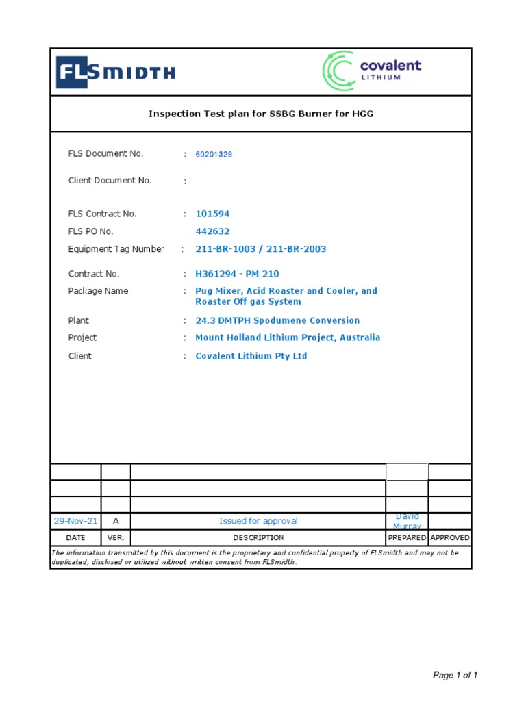 Inspection Test Plan For SSBG Burner For HGG: FLS Document No | PDF ...
