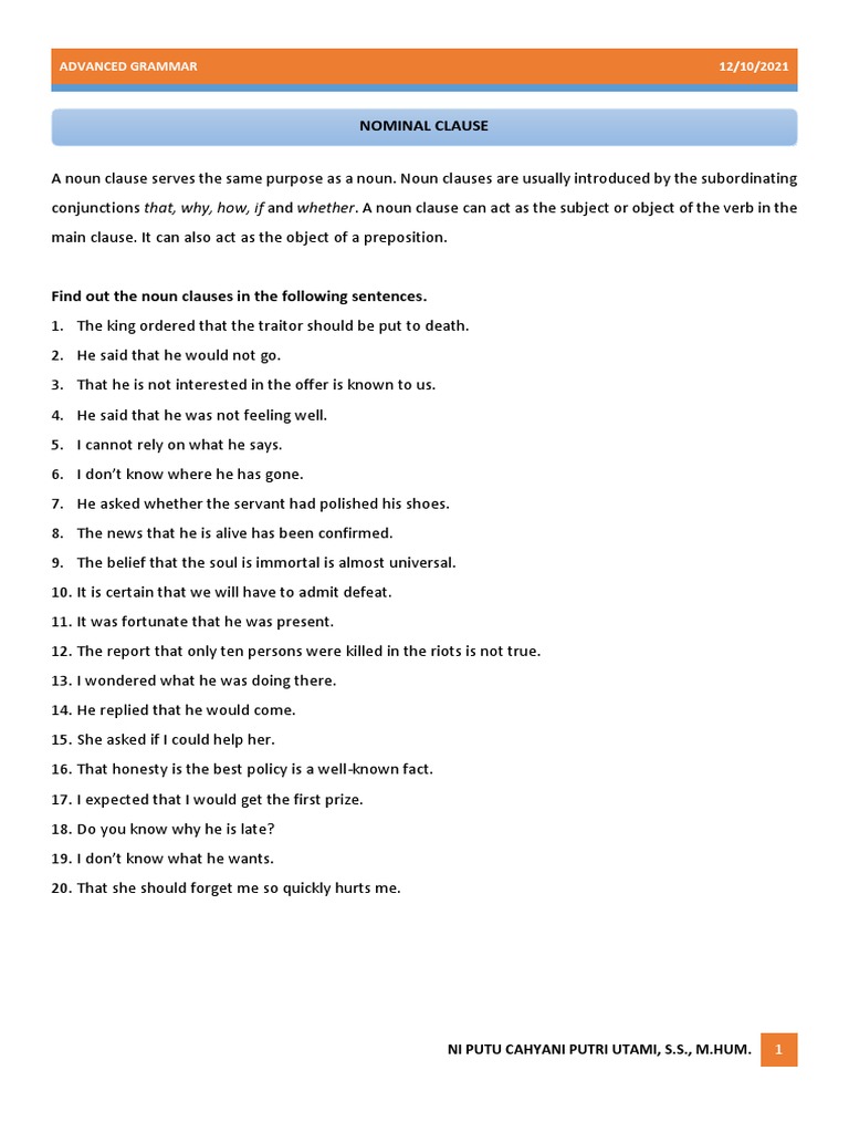 Task 4 - Nominal Clause Exercise 1 | PDF