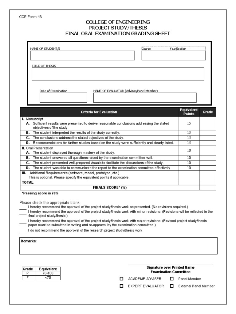 FORM 4B COE Grading Sheet Final Oral Exam | PDF | Thesis | Test ...