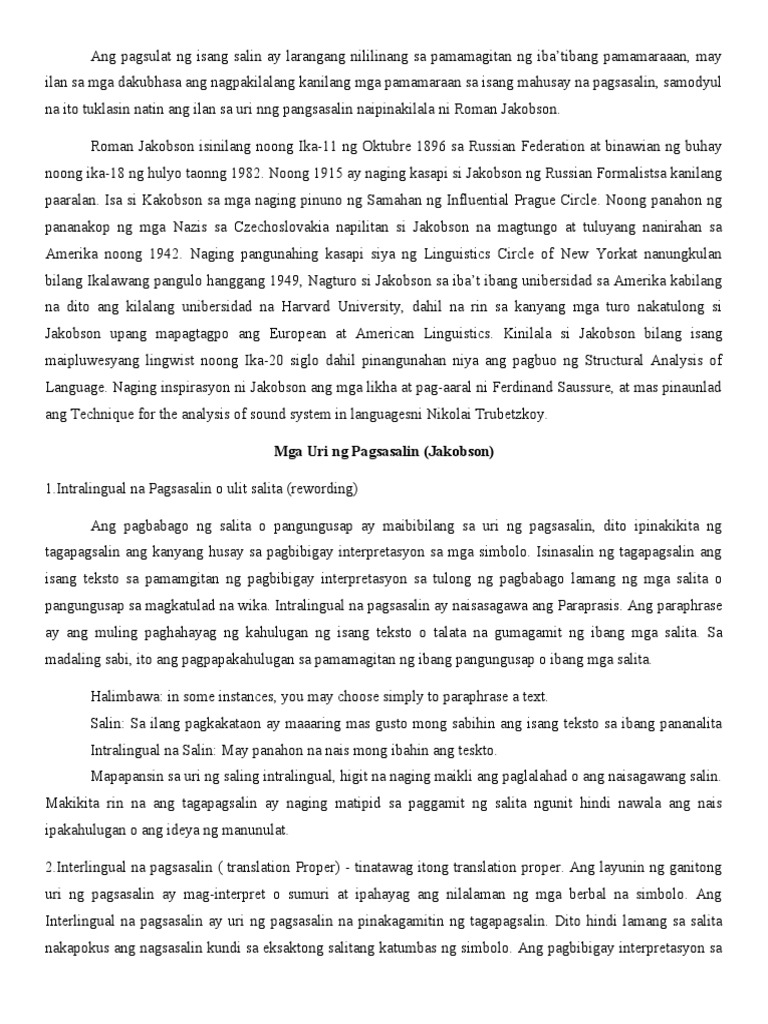 Mga Uri NG Pagsasalin (Jakobson) | PDF