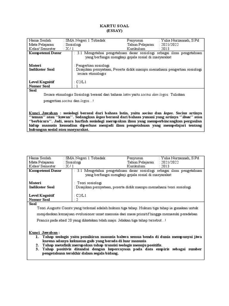 Kartu Soal Esay Pas Sos S1 | PDF