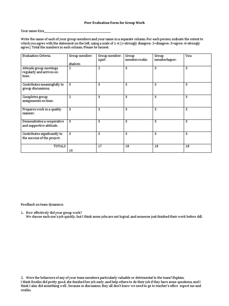 Peer Evaluation Form For Group Work | PDF | Neuropsychological ...