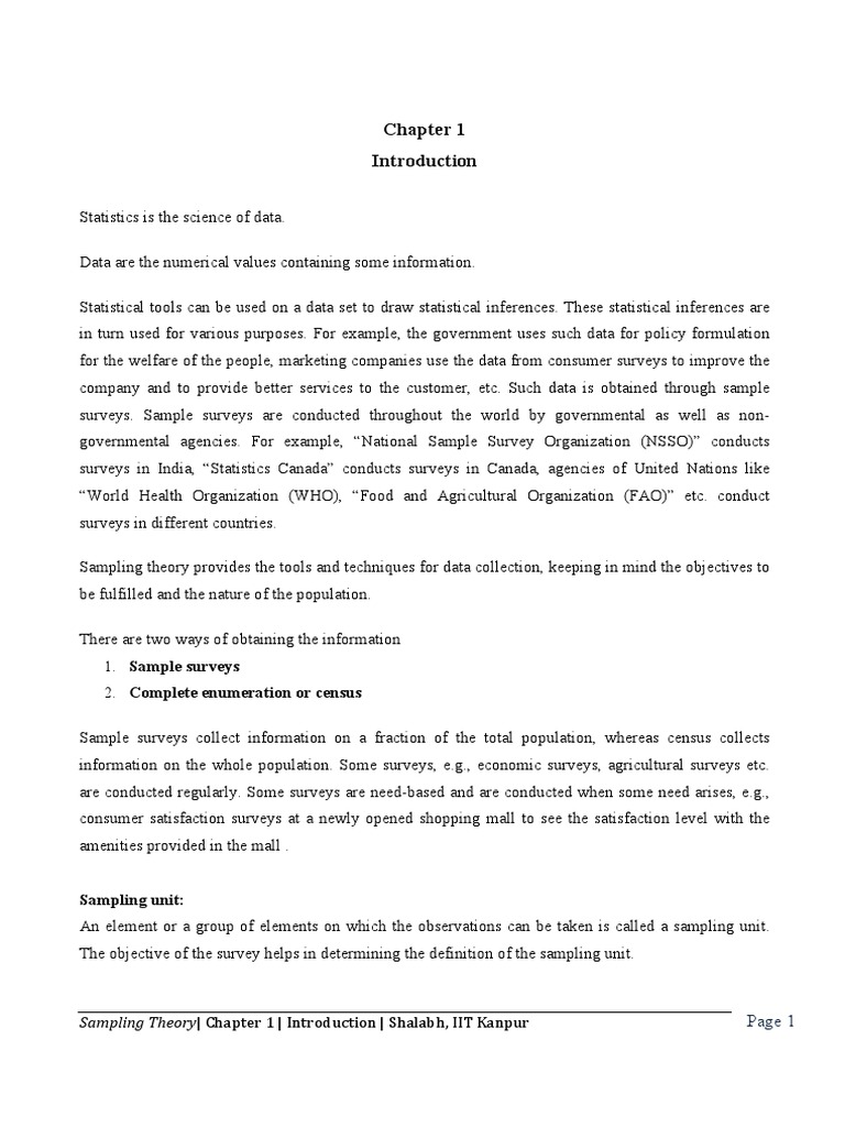 Sampling Unit Sampling Theory Chapter 1 Introduction Shalabh