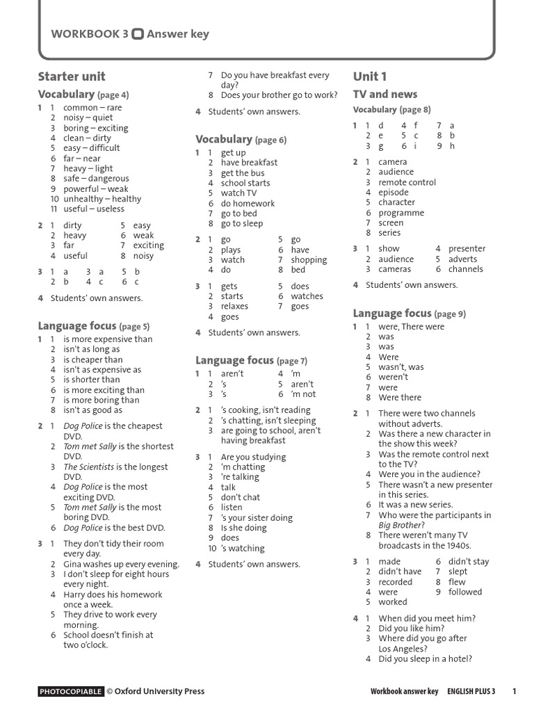 Starter Unit Unit 1: Workbook 3 Answer Key | PDF