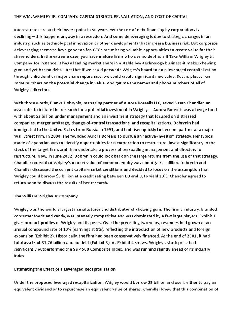 Wrigley Capital Structure Analysis | PDF | Cost Of Capital | Debt