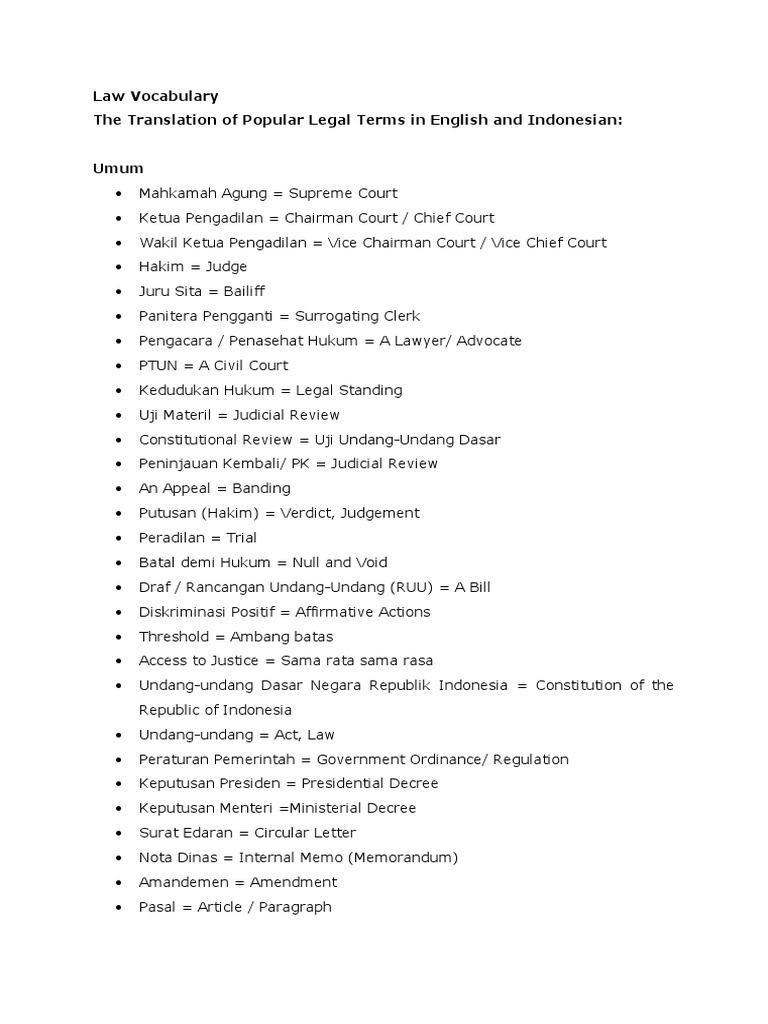 Law Vocabulary The Translation of Popular Legal Terms in English and ...