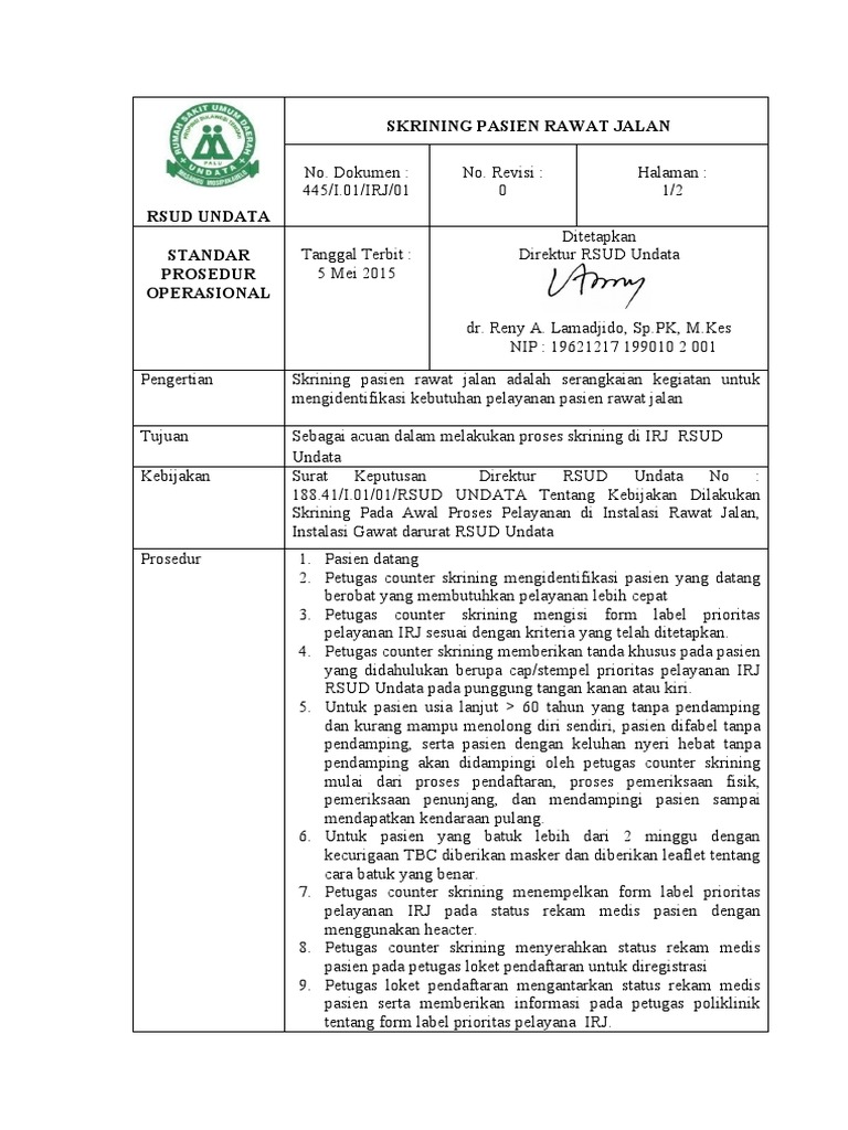 SOP Skrining Pasien RSUD Undata | PDF | Pengembangan Diri | Sains & Matematika