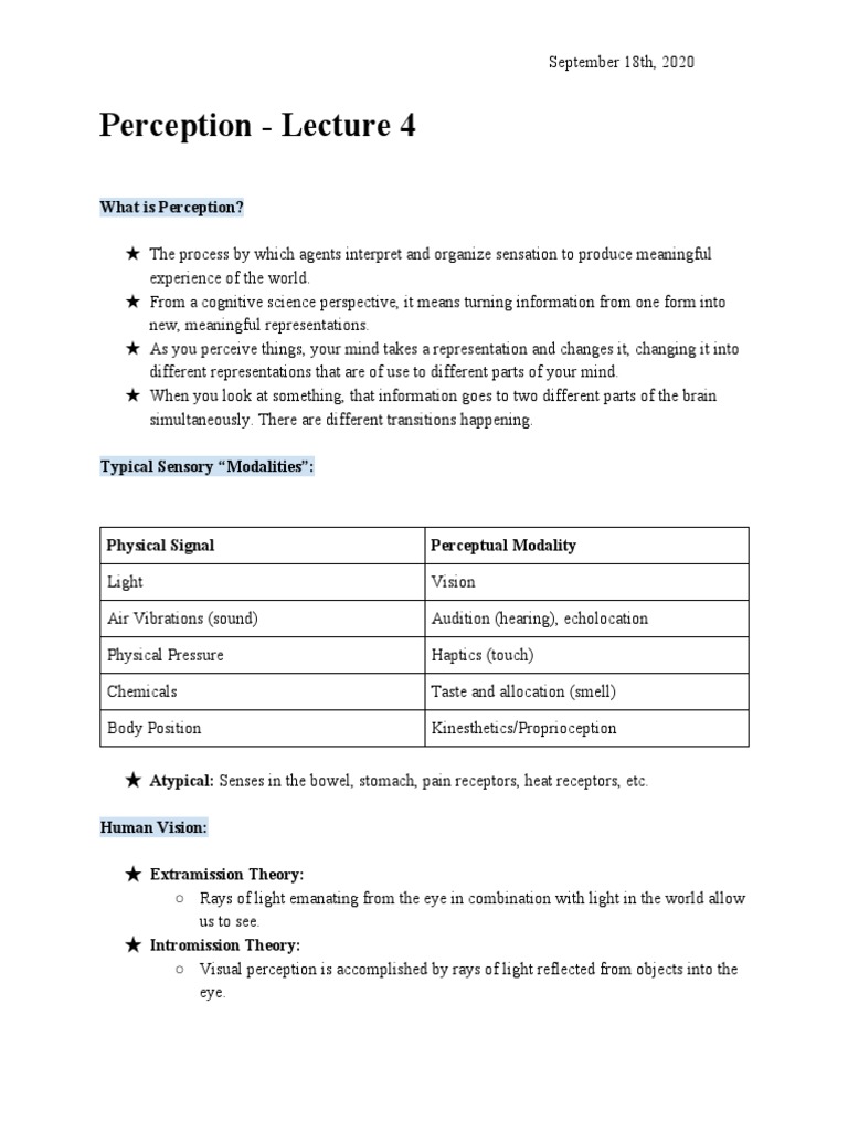 Lecture 4 - Perception | PDF | Visual Perception | Senses
