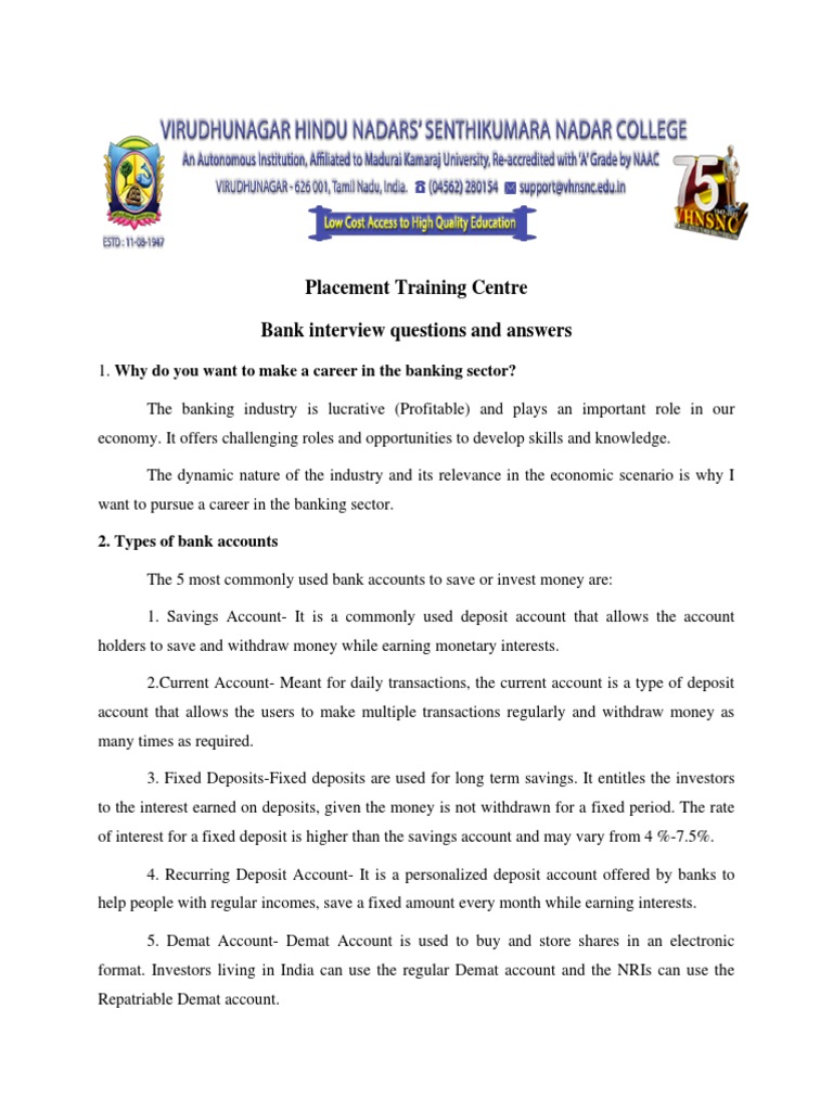 Placement Training Centre Bank Interview Questions and Answers | PDF ...
