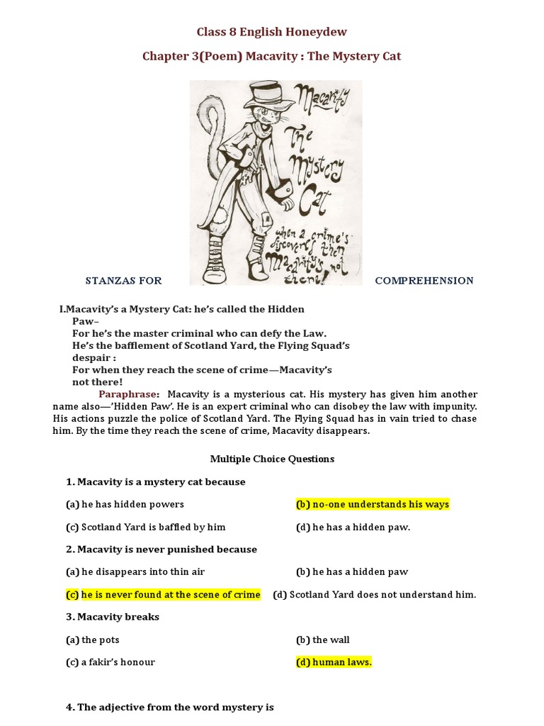 Class 8 English Honeydew Chapter 3 (Poem) Macavity: The Mystery Cat | PDF