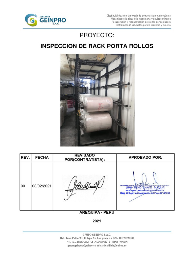 Informe de Inspeccion de Racks Porta Rollos de Goma | PDF | Minería ...