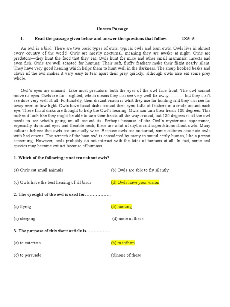Unseen Passage Read The Passage Given Below and Answer The Questions ...