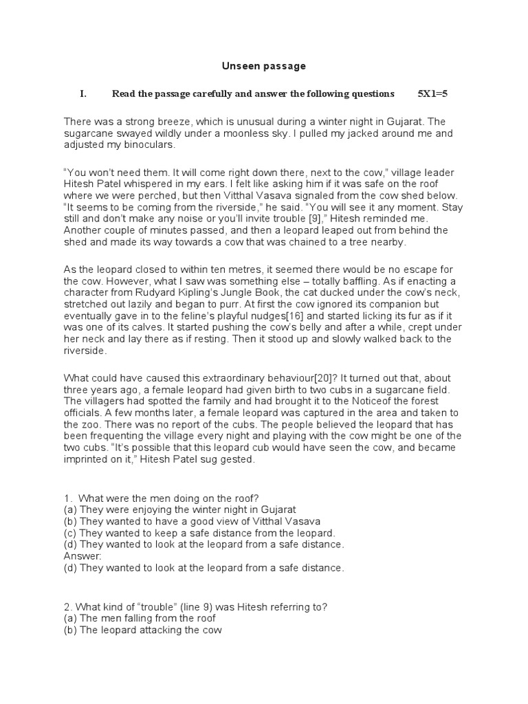 Unseen Passage I. Read The Passage Carefully and Answer The Following ...