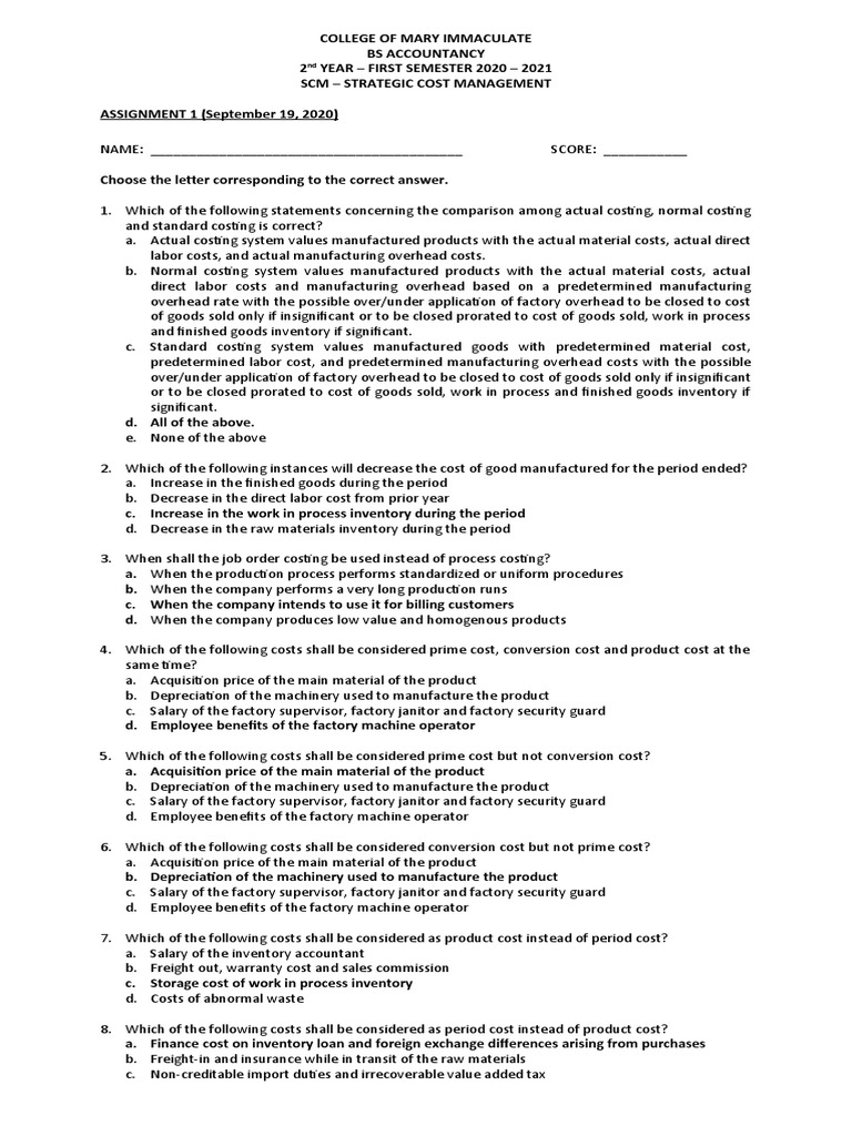 SCM Assignment Activity Sept 20 2020 Answer Key PDF Free | PDF | Cost Of Goods Sold | Inventory
