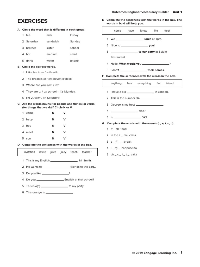 Outcomes Beginner VocabBuilder ExercisesAndAnswerKey | PDF | English ...