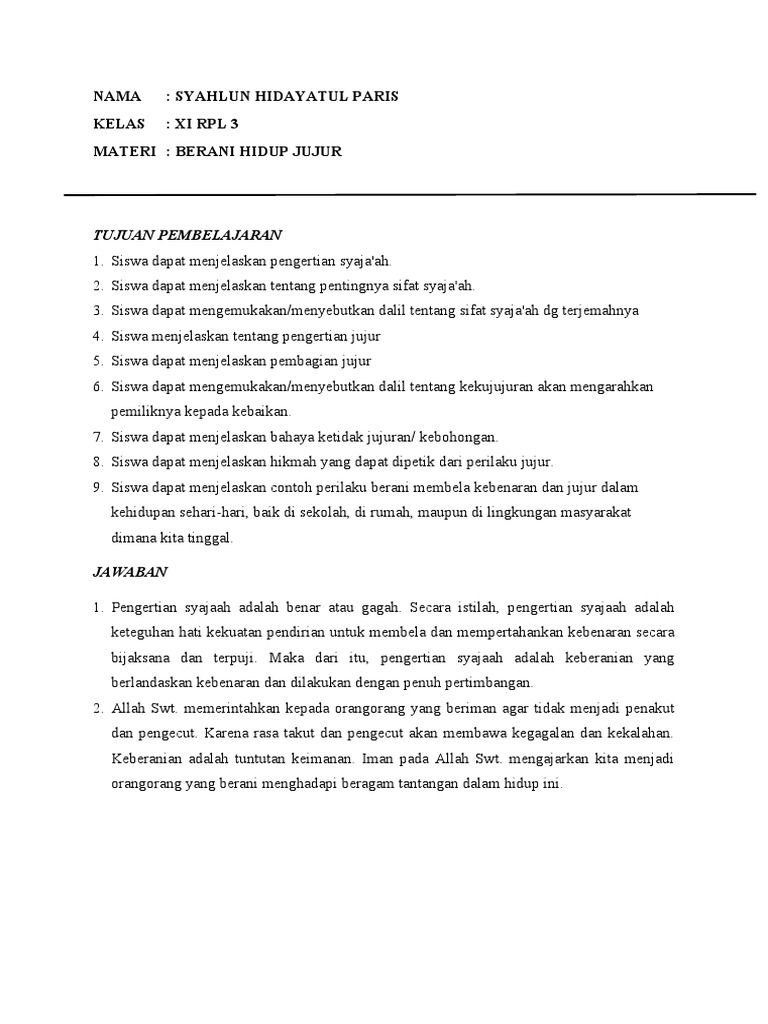 Berani Hidup Jujur 1 | PDF