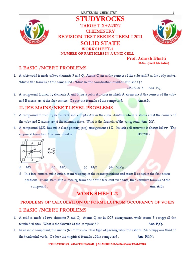 Unit 1 Worksheets Solid State | PDF | Crystal Structure | Ion