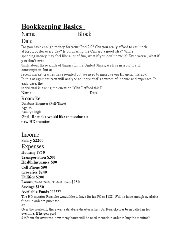 Bookkeeping Basics: Name - Block - Date | PDF | Interest | Debt