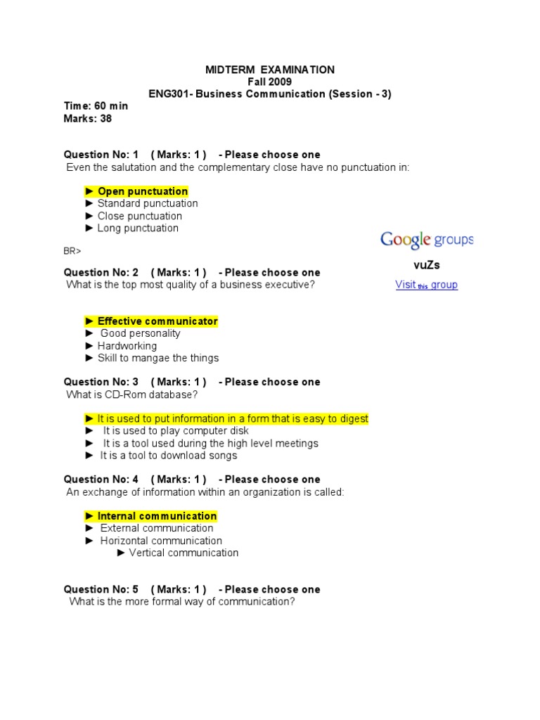 BC ENG301 Midterm Spring2009 S 1 | PDF | Communication | Epistemology
