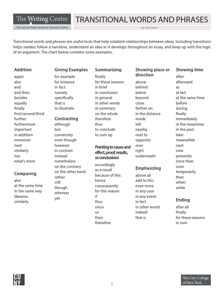 Transitional Words and Phrases: Writing | PDF | Phrase | Essays