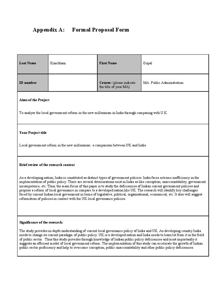 Appendix A: Formal Proposal Form: Last Name First Name | PDF ...