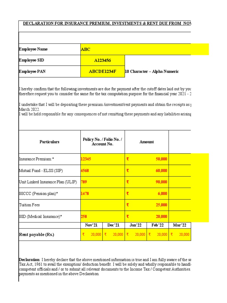Insurance Premium & Investment Declaration | PDF | Insurance | Receipt