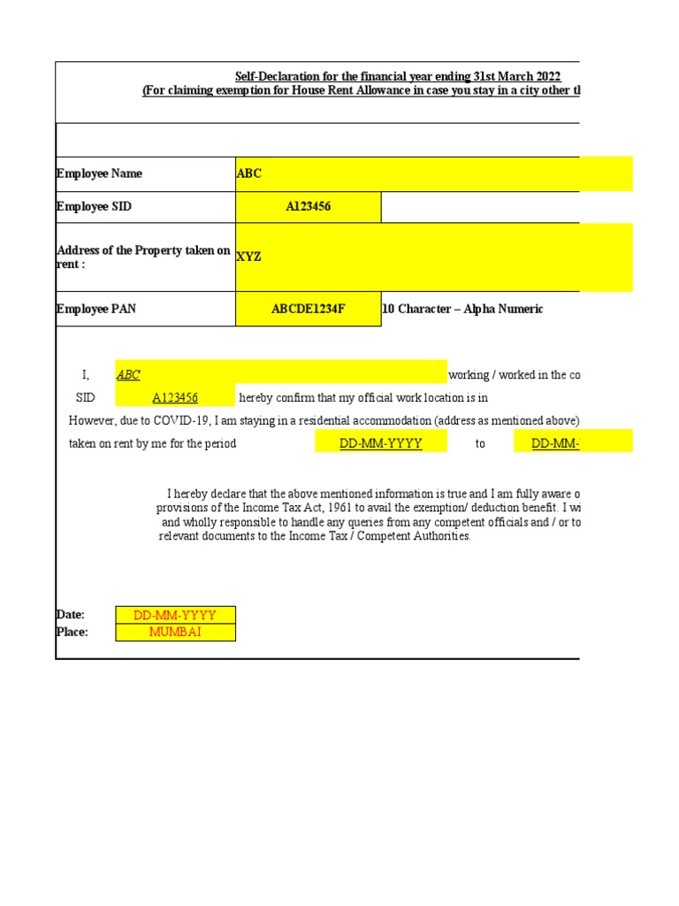 Original Form HRA Declaration When Staying in Different City. | PDF
