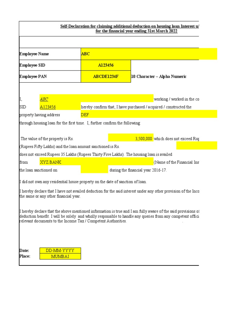 Self-Declaration For Claiming Additional Deduction On Housing Loan ...