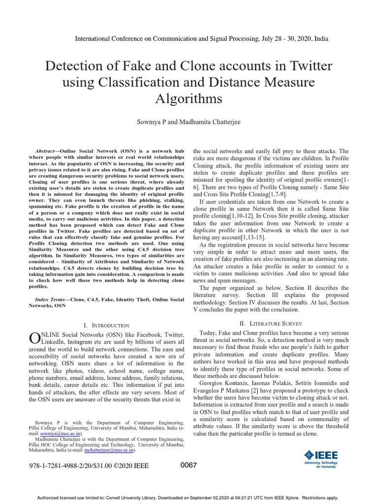 Detection of Fake and Clone Accounts in Twitter Using Classification ...