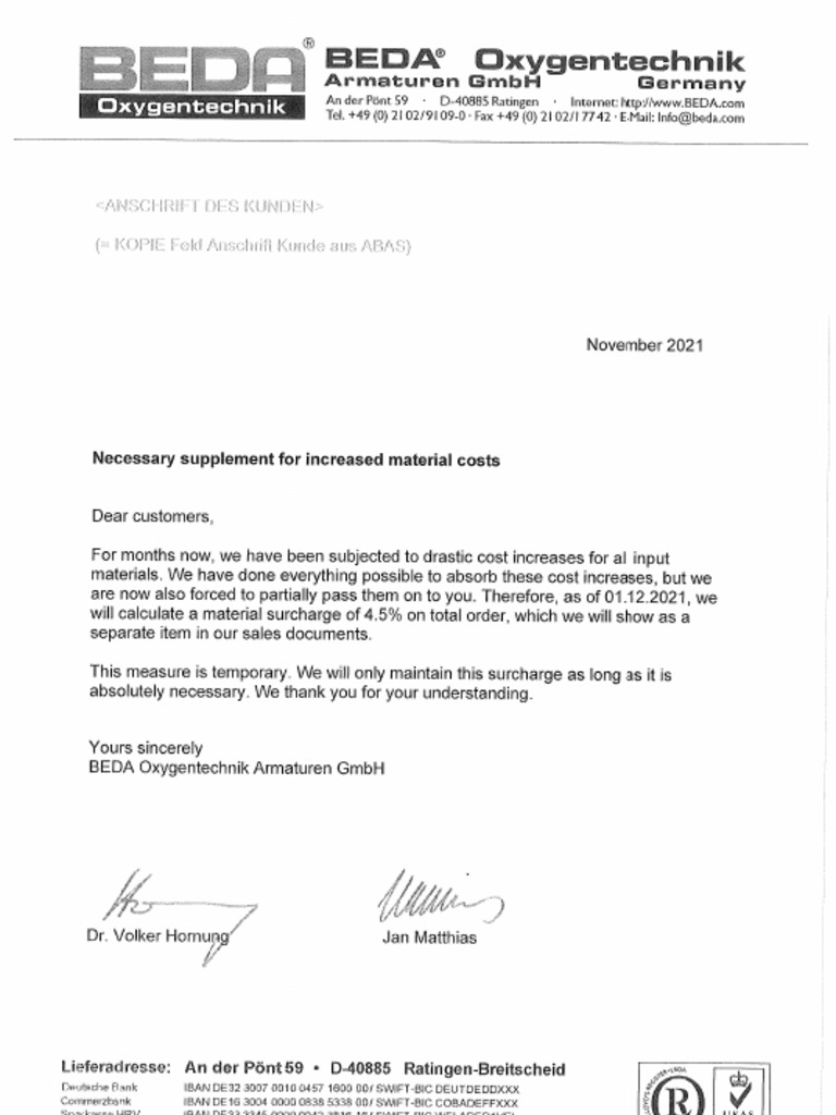 Customer Letter Temporary Material Surcharge 161121 | PDF