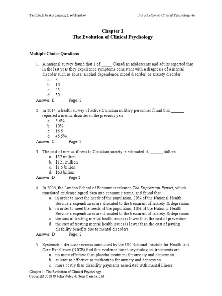 The Evolution of Clinical Psychology: Multiple Choice Questions | PDF ...