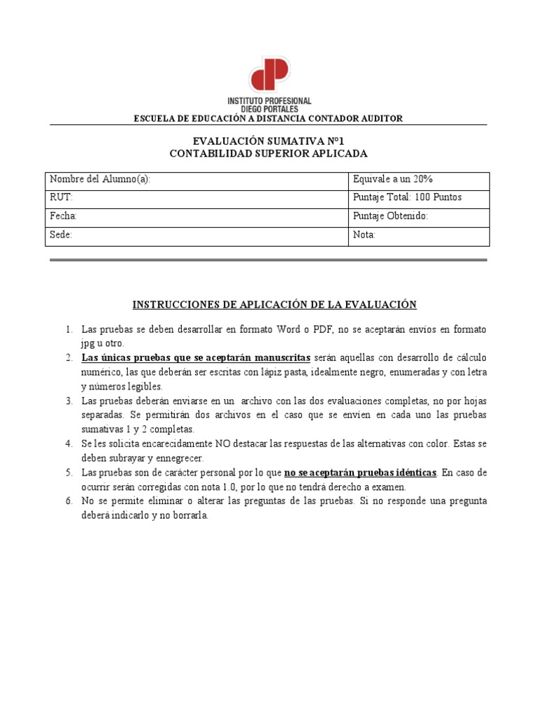 Eval 1y 2 Contbilidad Superior Aplicada Pdf Prueba Evaluación 3446