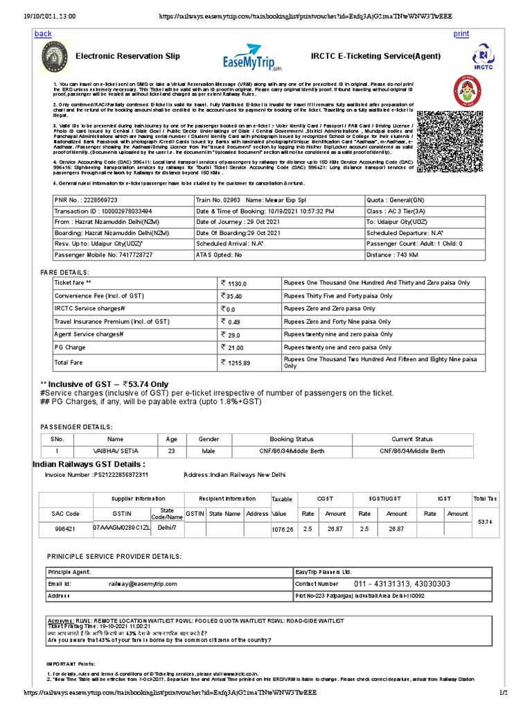 Electronic Reservation Slip IRCTC E-Ticketing Service (Agent) | PDF ...