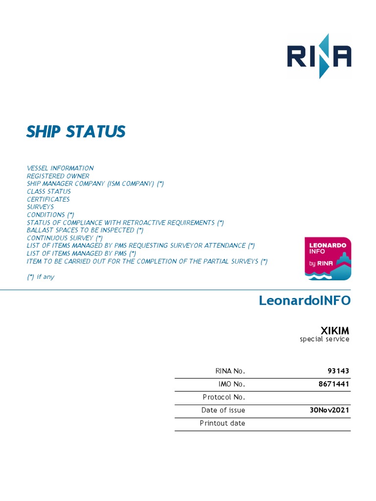 Ship Status RINA | Download Free PDF | Tonnage | Watercraft
