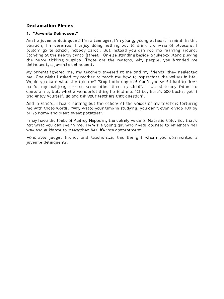 Declamation Pieces: 1. "Juvenile Delinquent" | PDF | Transmission ...