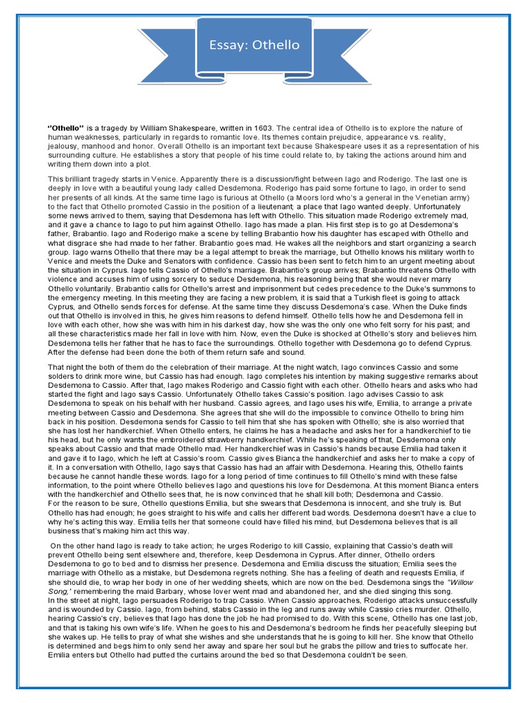 Essay: Othello: 'Othello'' Is A Tragedy by William Shakespeare, Written ...