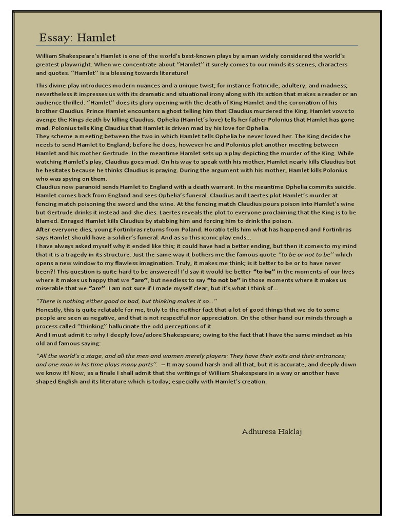Essay: Hamlet: William Shakespeare's Hamlet Is One of | PDF | Hamlet ...