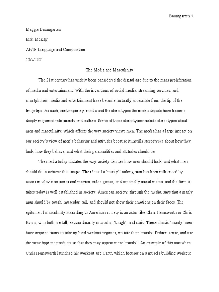 Masculinity Essay | PDF | Masculinity | Stereotypes