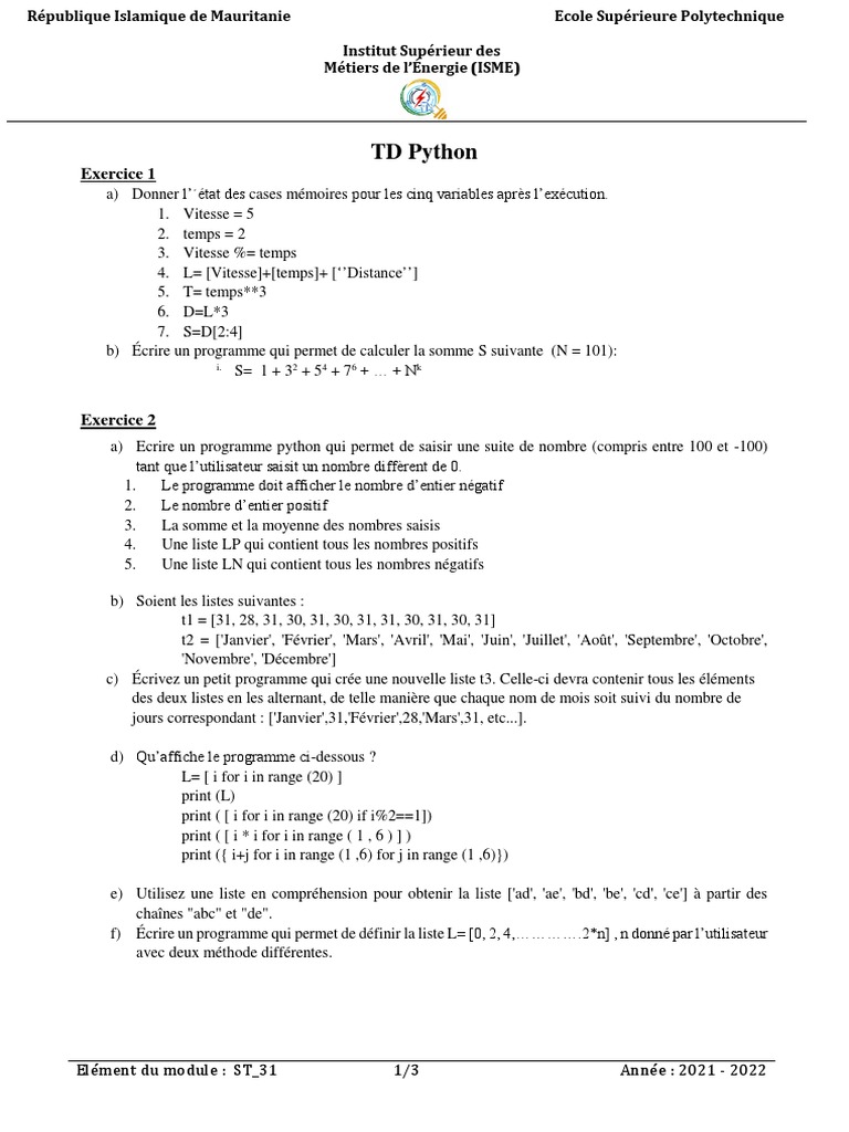 TD Révision Python ISME | Descargar gratis PDF | Python (Langage de programmation) | Fichier texte