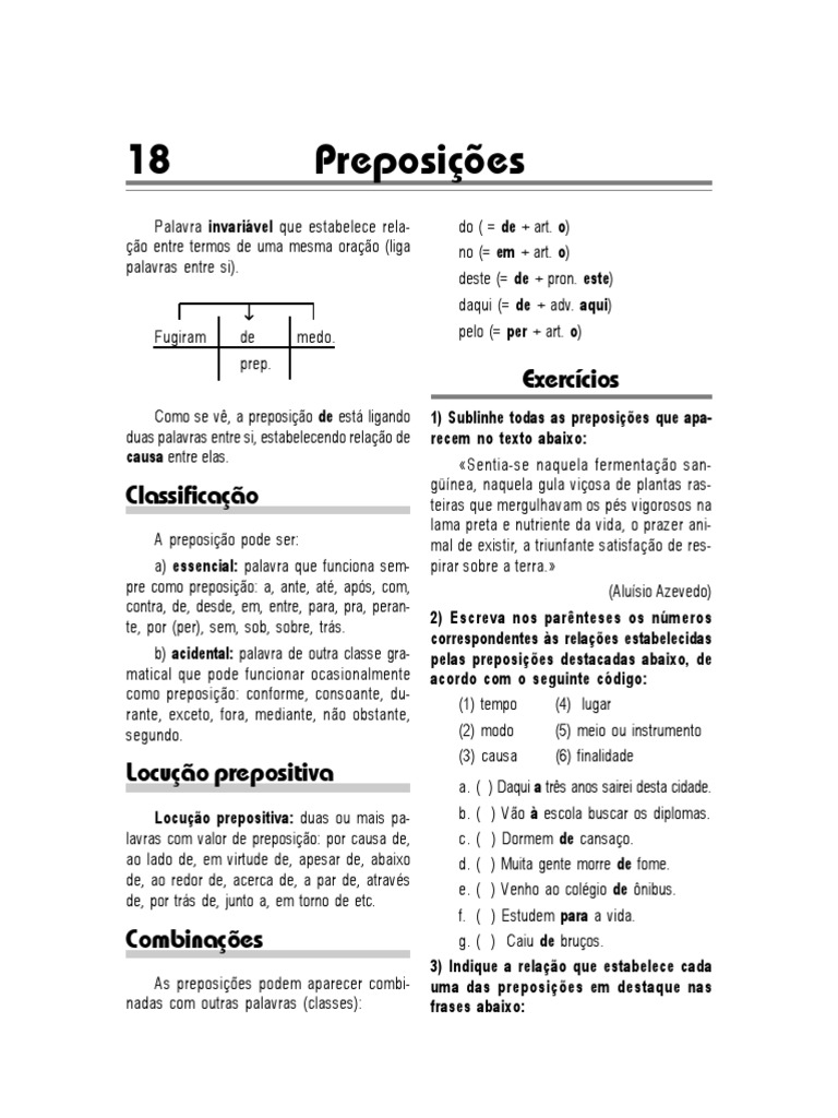 28 Exercícios Sobre Preposição | PDF | Preposição e posposição ...