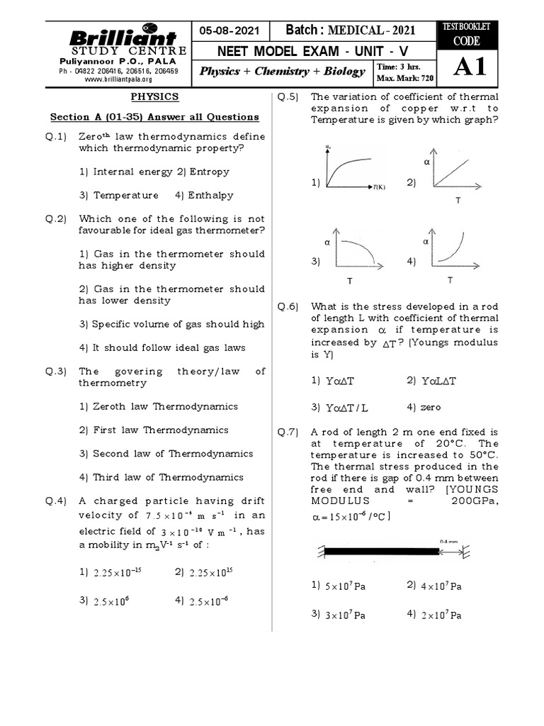 Brilliant: Neet Model Exam - Unit - V | PDF | Thermodynamics | Heat